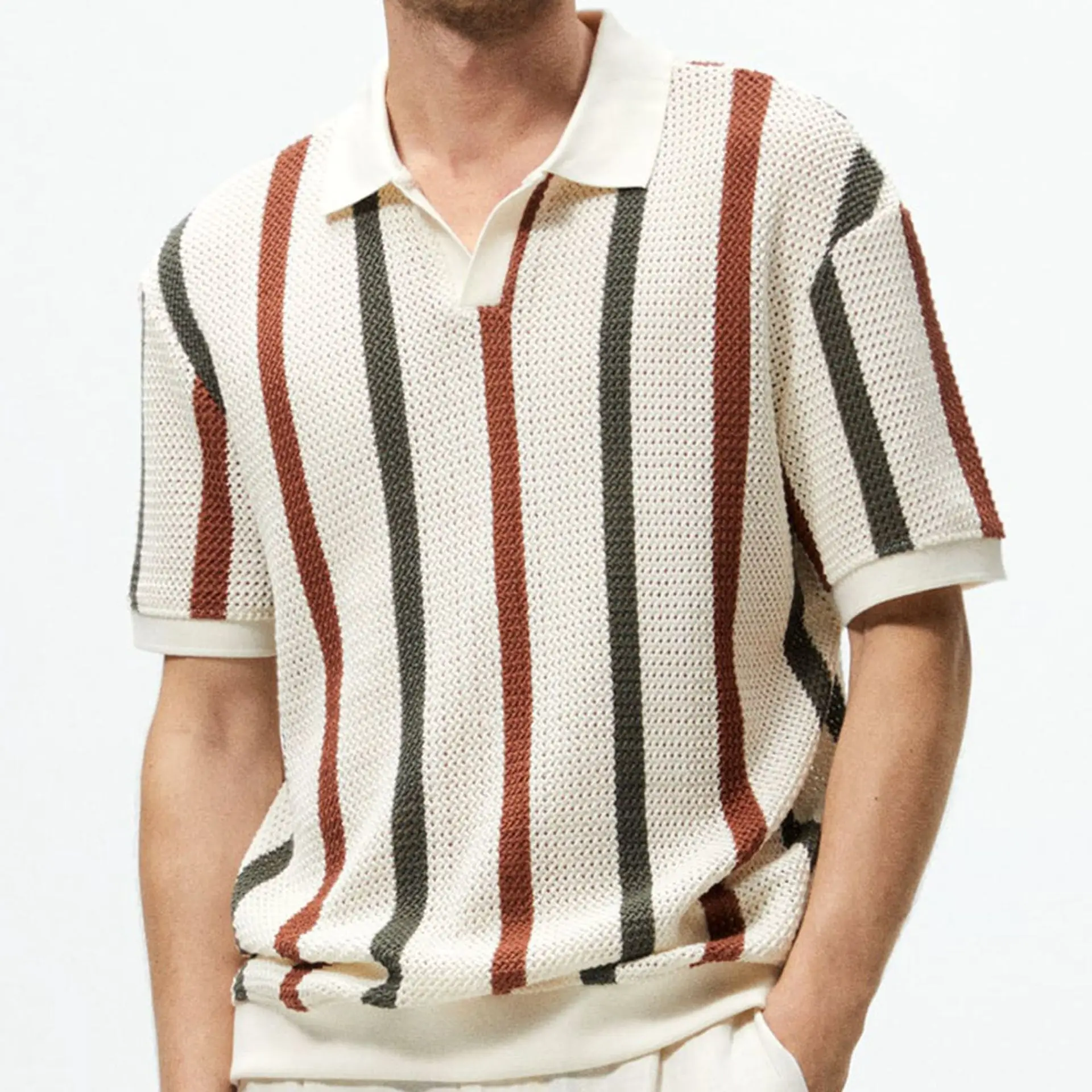 Mens-Tops-Chunky-Cut-out-Knit-Striped-Contrasting-Woollen-Casual-Polo ...