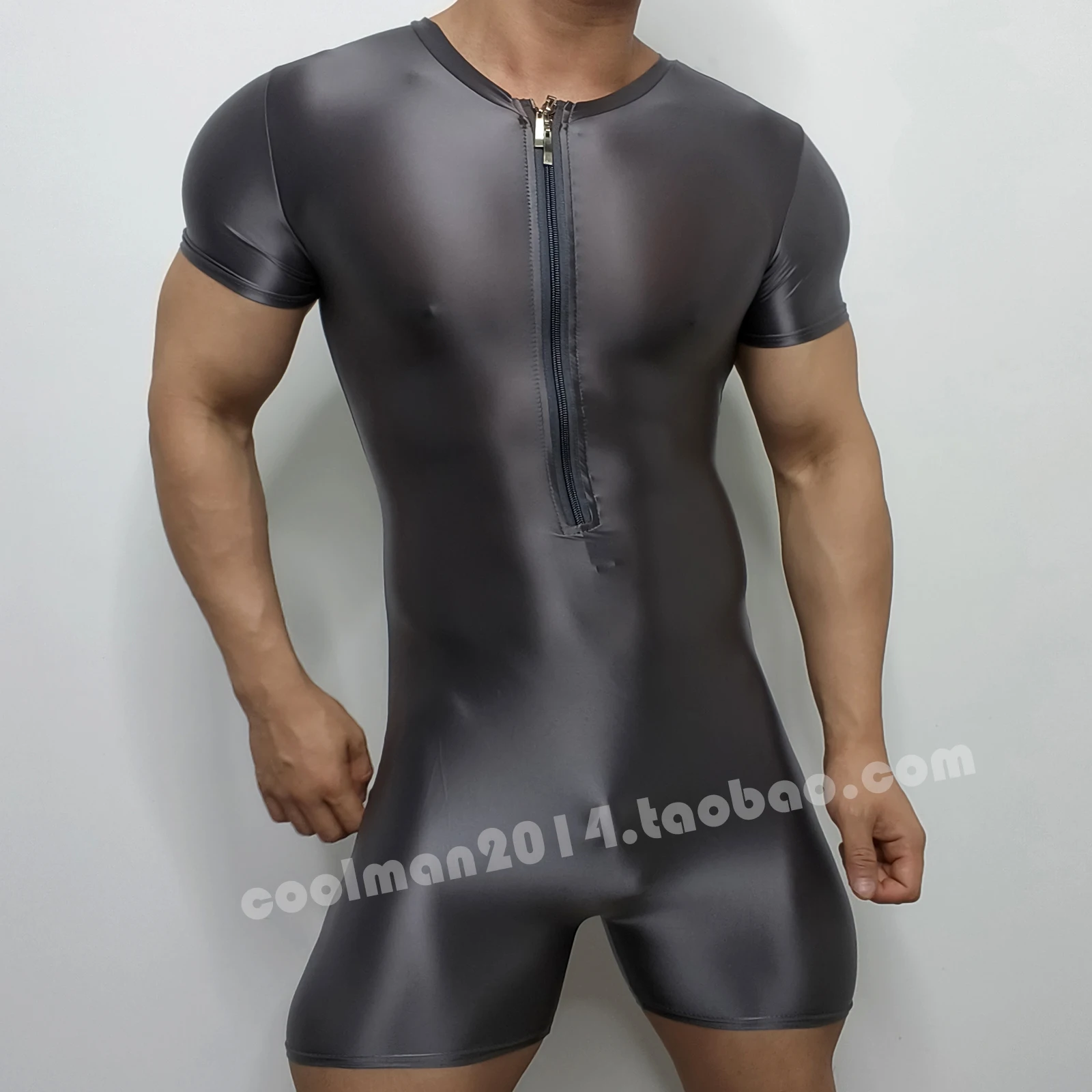 Mens-Glossy-See-Through-Zipper-Satin-Sexy-Bodycon-Playsuit-Romper-Short-Sleeve-Swimwear-Suit ...