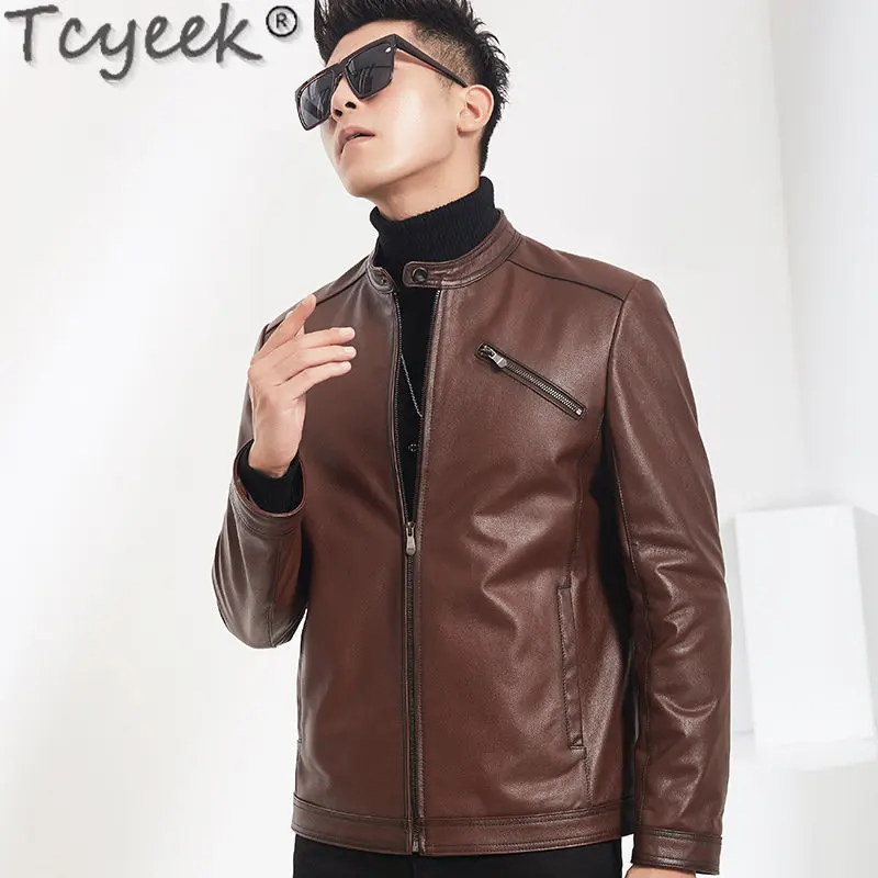 Tcyeek Chic Men's Motorcycle Jacket Fall Spring Genuine Leather Cowhide ...