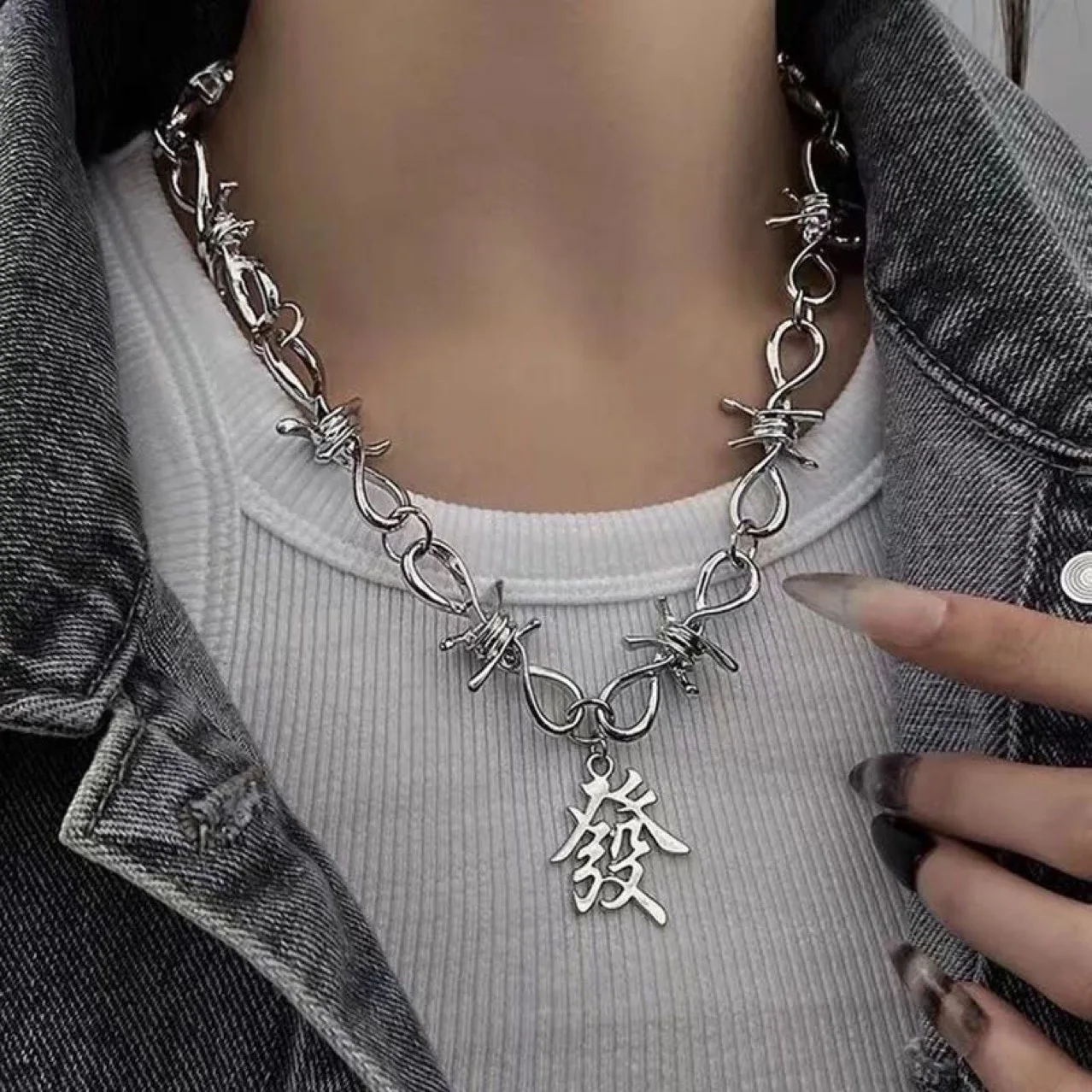 Korean Fashion Punk Chinese Characters Rich Pendant Necklace Thorns ...
