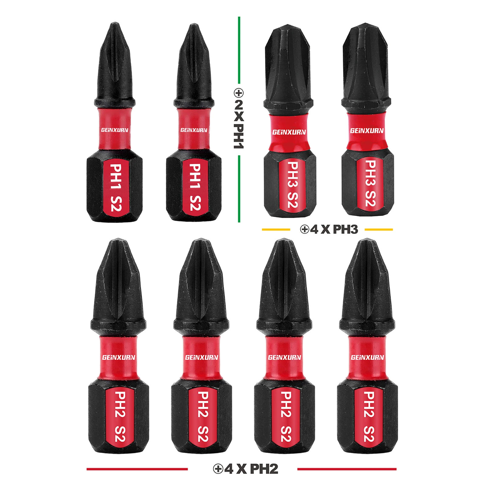 Geinxurn 1 in. Impact Tough #1#2 #3 Phillips Screwdriver Bits Set,S2 ...