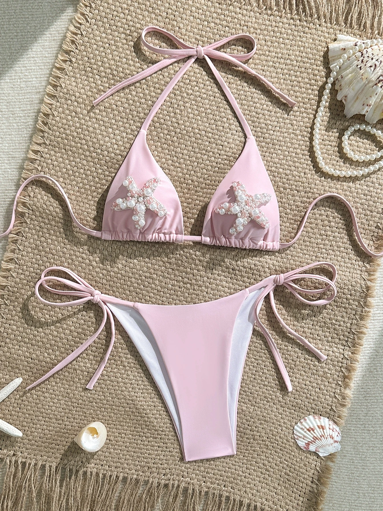 Sexy Pink Bikini Set 2026 Women Pearls Starfish Ornament Push Up Bra ...