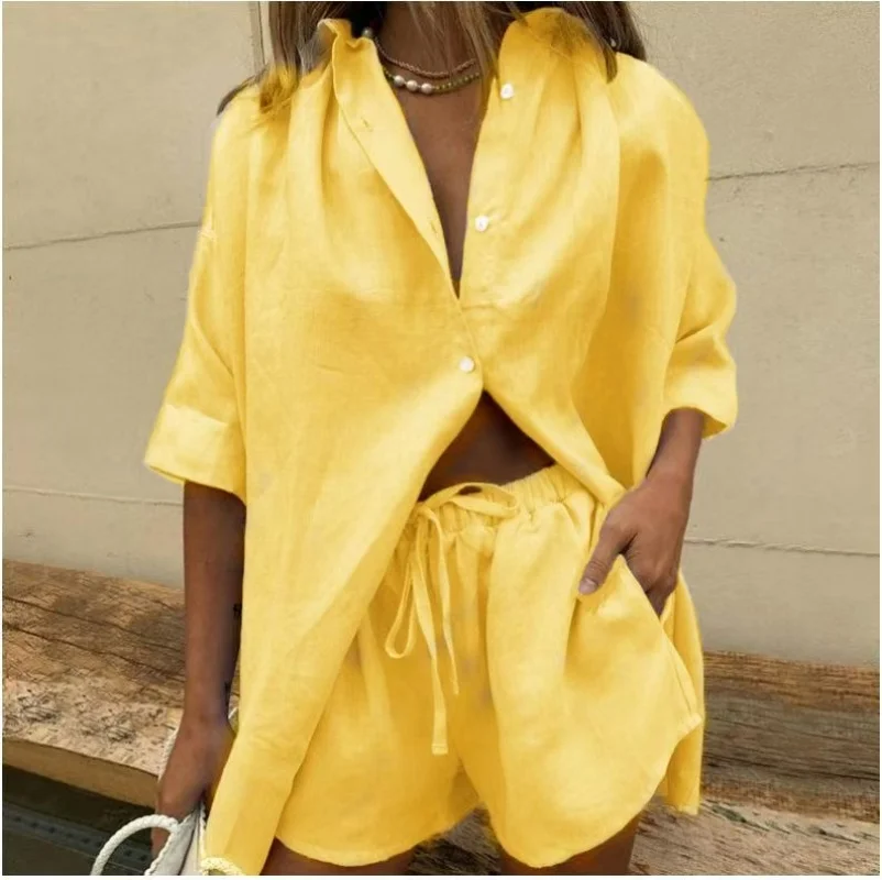 Fashion Solid Shirt Home Suits Casual Short Sleeve Tops + Drawstring ...
