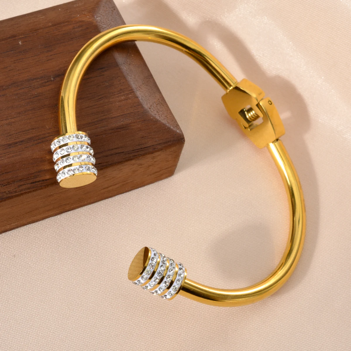 Stainless-Steel-Gold-Color-Screw-Nail-Bangle-Trend-Cuff-Zircon-Bracelet-For-Women-Men-Romantic ...