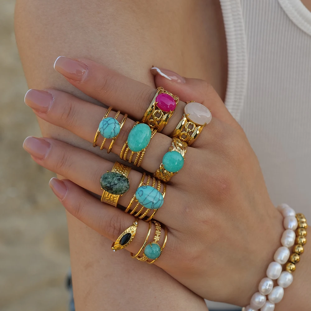 Fashion-Summer-Stainless-Steel-Inlaid-Natural-Stone-Oval-Amazonite-TurquoiseMulti-layer-Rings ...