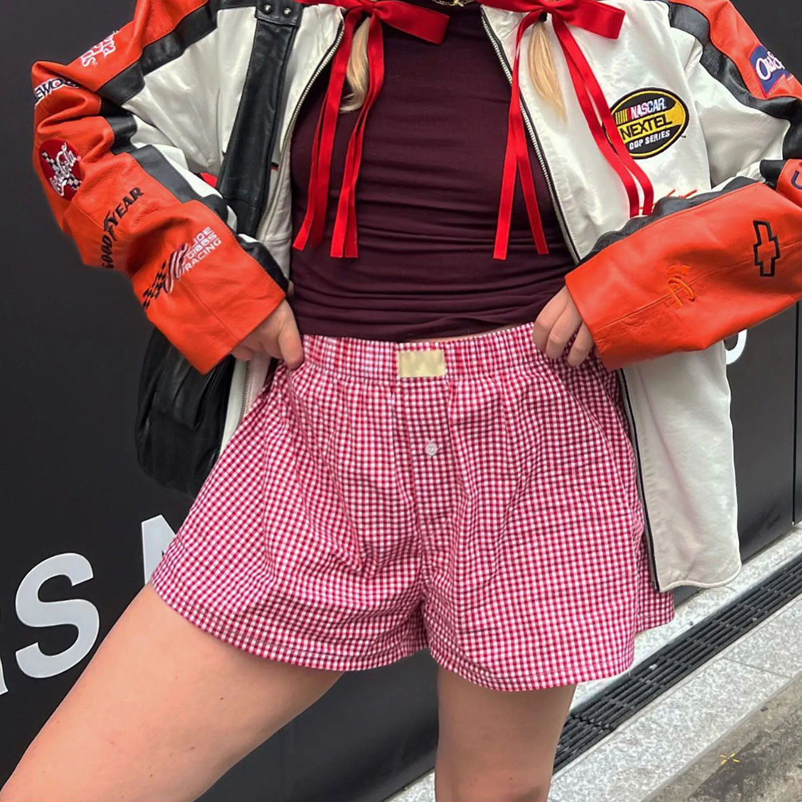 Women-Y2k-Gingham-Boxer-Shorts-Stripes-Button-Elastic-Waist-Boxers-Cute ...