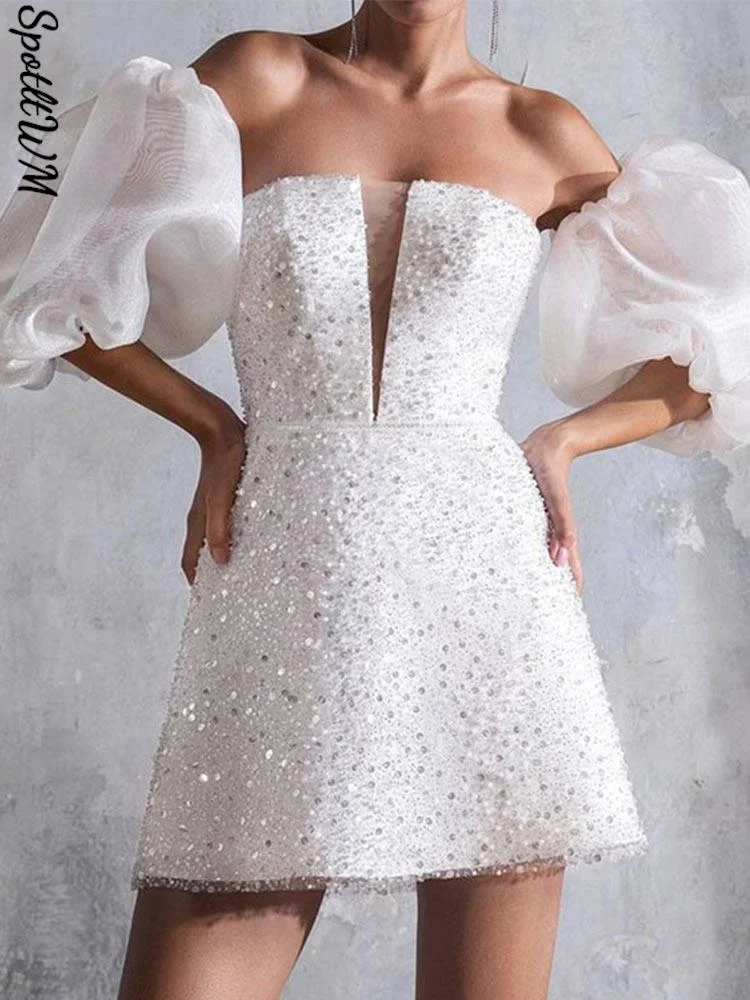 Women Elegant Off Shoulder Sequins Slim Party Mini Dresses Female