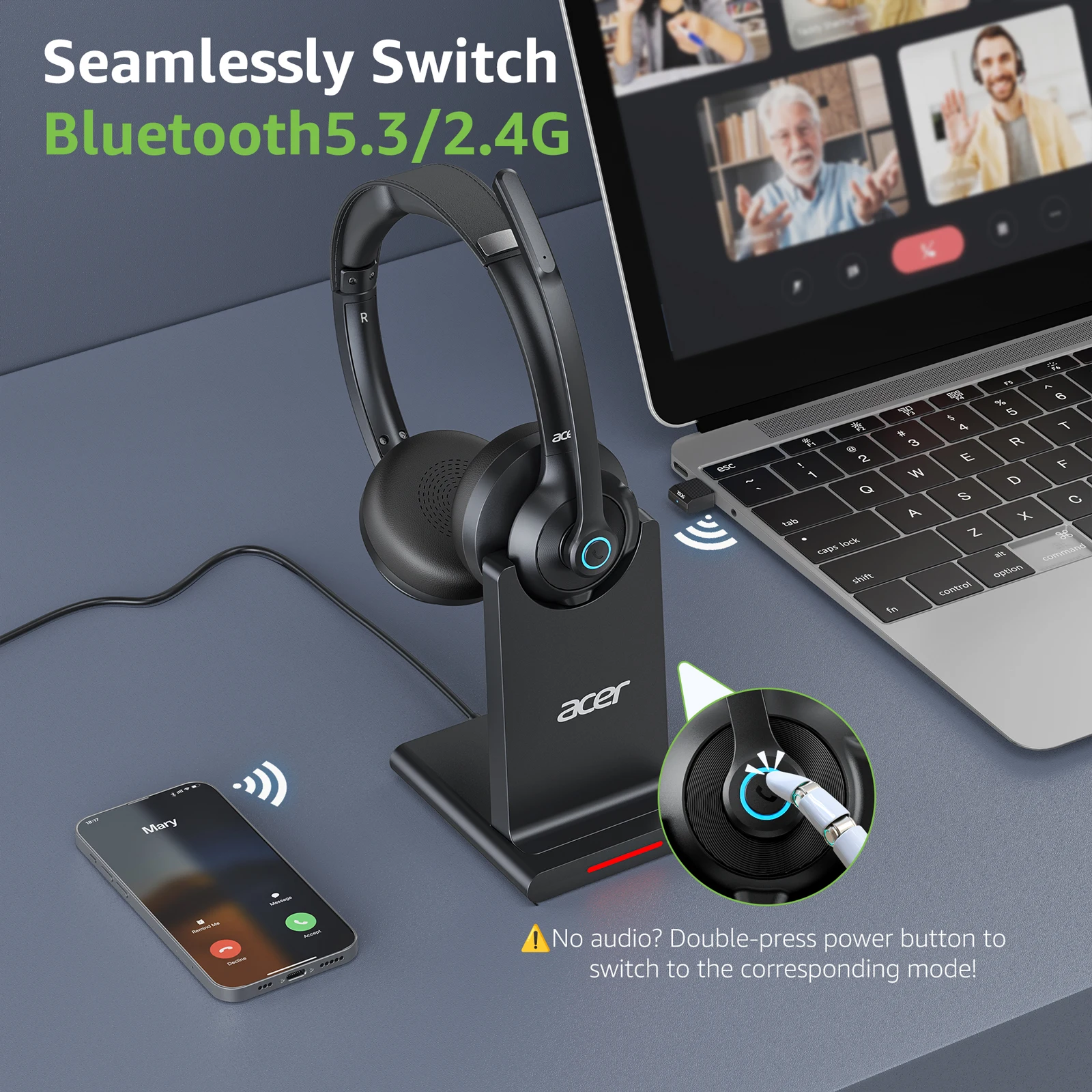 Acer Call Center casque sans fil avec micro pour le travail 2.4G USB ...