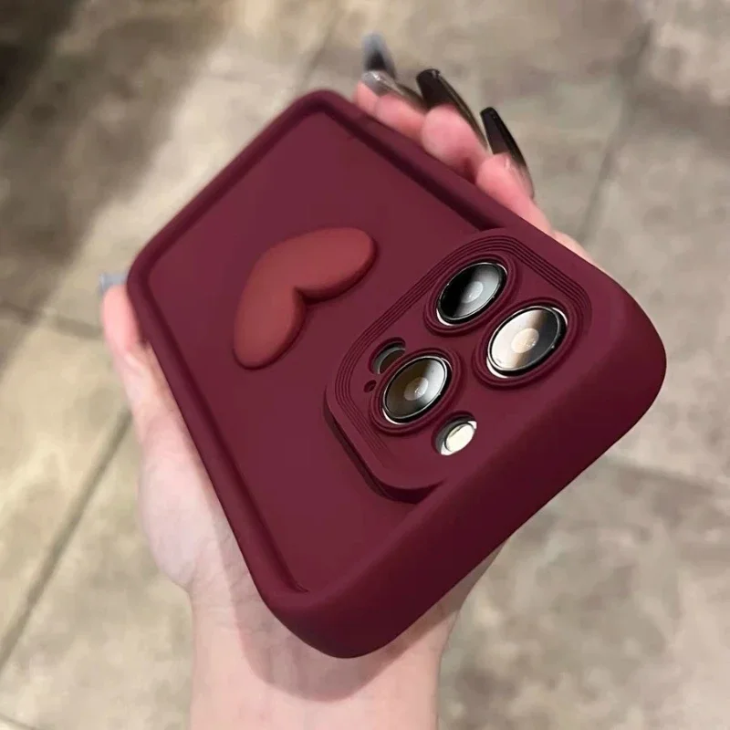 Luxury wine Red 3D Love liquid silicon case for iphone 16 15 14 13 12 ...
