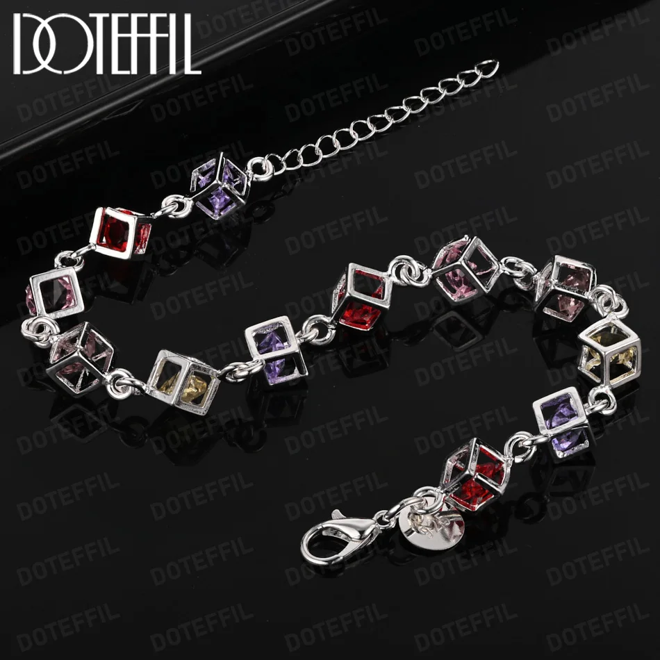 DOTEFFIL Multicolor Square AAA Zircon Bracelet 925 Sterling Silver For ...