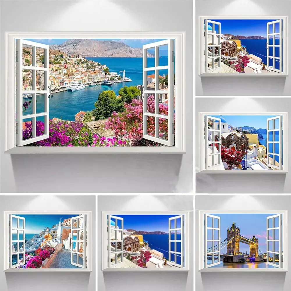 3D Window View Greece Santorini London Paris Landscape Posters Print ...
