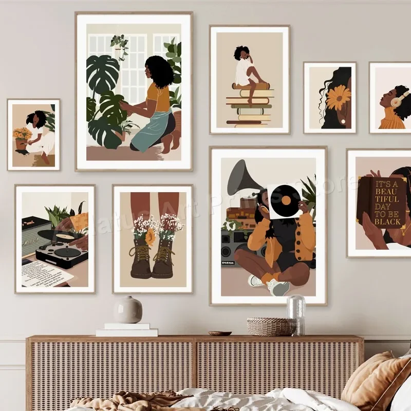 Abstract-Boho-Black-Girl-Read-Music-Record-Gerbera-Plants-Posters-Of ...
