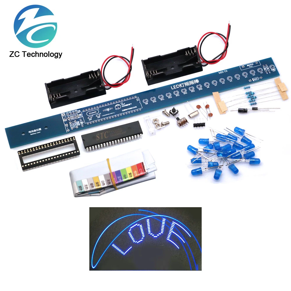16 Bits Pov Led Stick Light Rocker Diy Kit Shaking Stc89c52 51 Microcontroller Electronic Solder ...