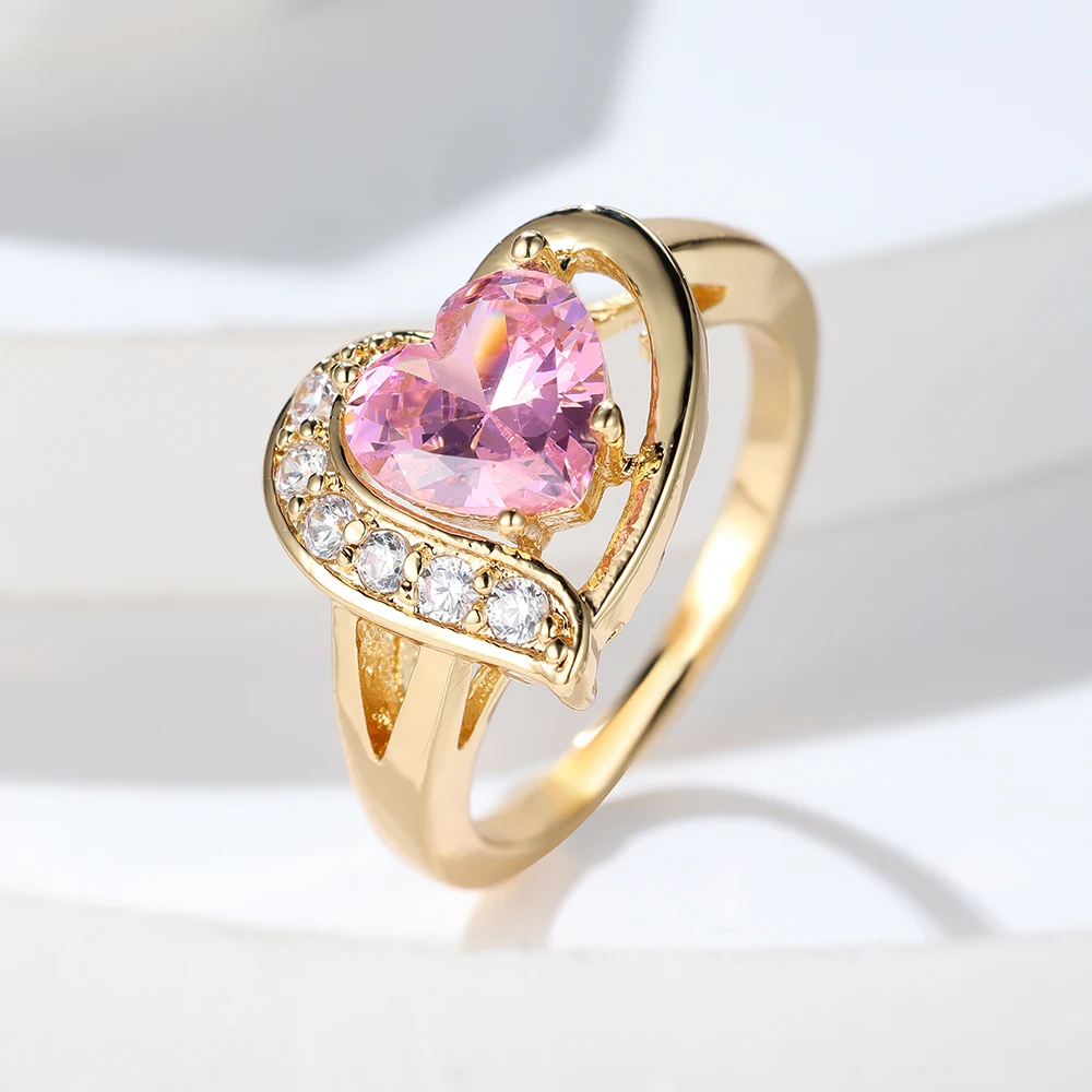 Cute-Pink-Zircon-Love-Heart-Rings-For-Women-Gold-Color-Valentine-Day ...