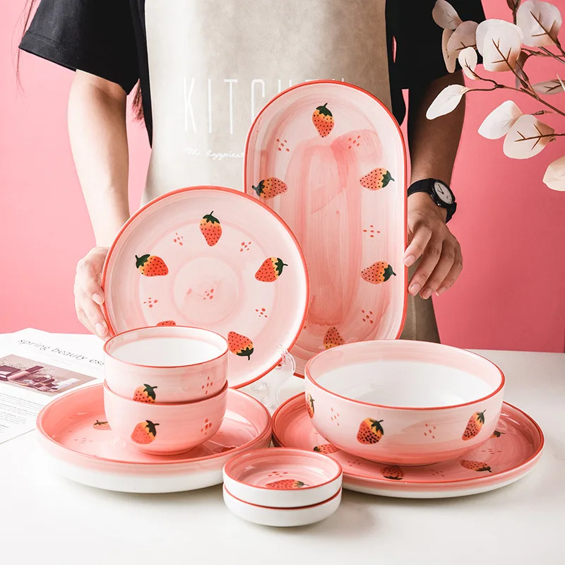 Hand-painted Strawberry Ceramic Dinner Plates Round Pink Tableware ...