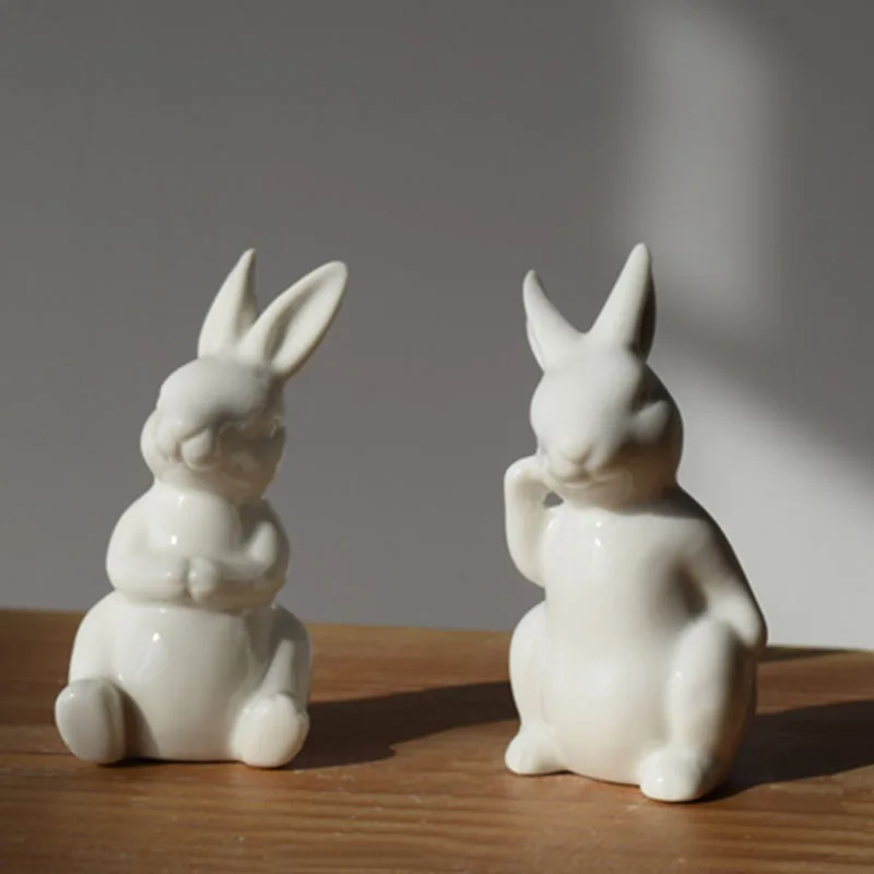 Ceramic Cute Pure White Rabbit Figurines Porcelain Table Home ...