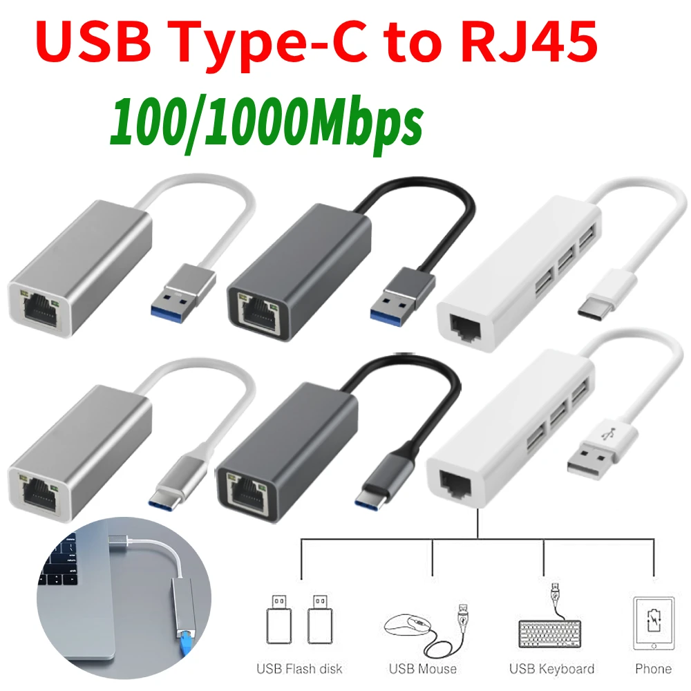 Type-C To RJ45 Lan Network Card 10/100/1000Mbps Gigabit Ethernet Adapter Drive Free 4 in 1 USB2 ...