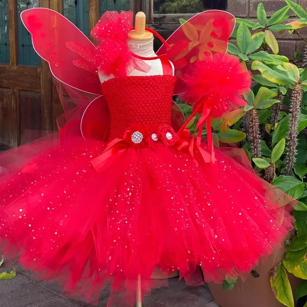 Girls-Red-Glitter-Fairy-Dress-Kids-Butterfly-Flower-Tutu-Dresses-Outfit ...