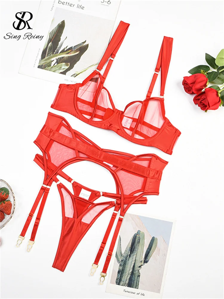 SINGREINY-Conjunto-de-ropa-interior-transparente-para-mujer-cors-de ...