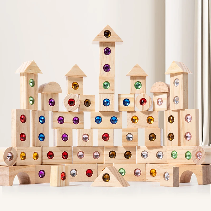 Kids Wooden DIY Blocks Sparkling Acrylic Toy Montessori Rainbow Gem ...