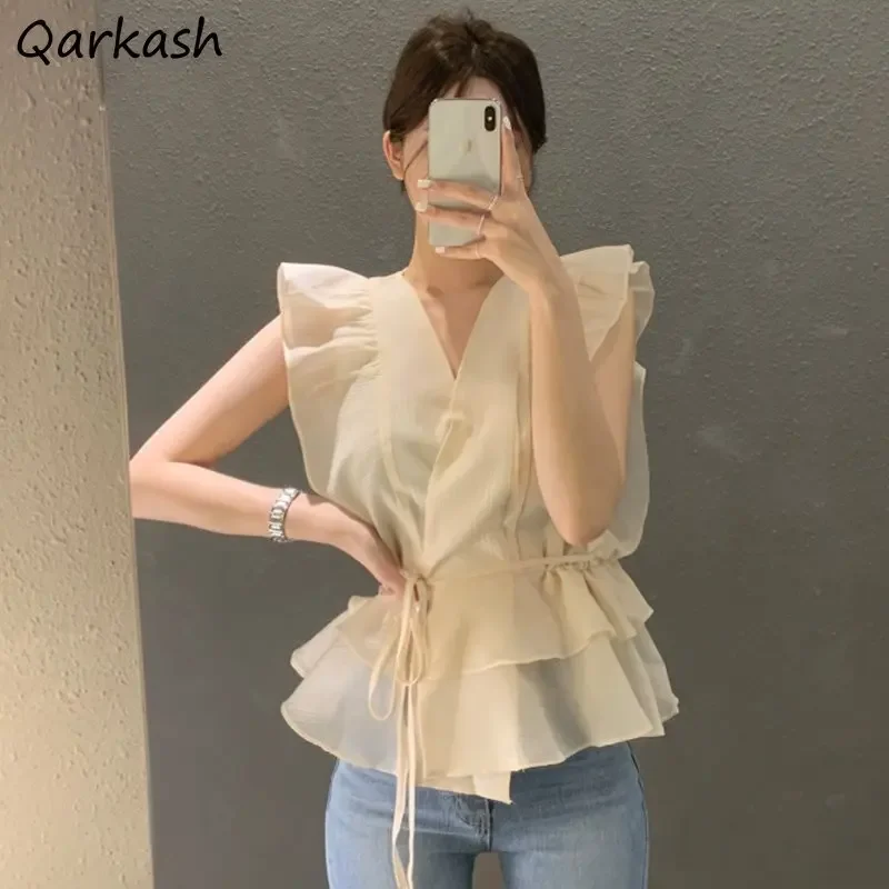 Blouses-Women-Ruffles-Students-Designer-Kawaii-V-neck-Elegant-Simple ...
