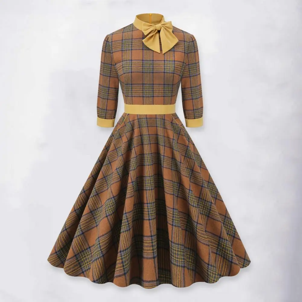 Women-Autumn-Winter-Plaid-Print-Dress-Bow-Tie-Half-High-Collar-3-4 ...