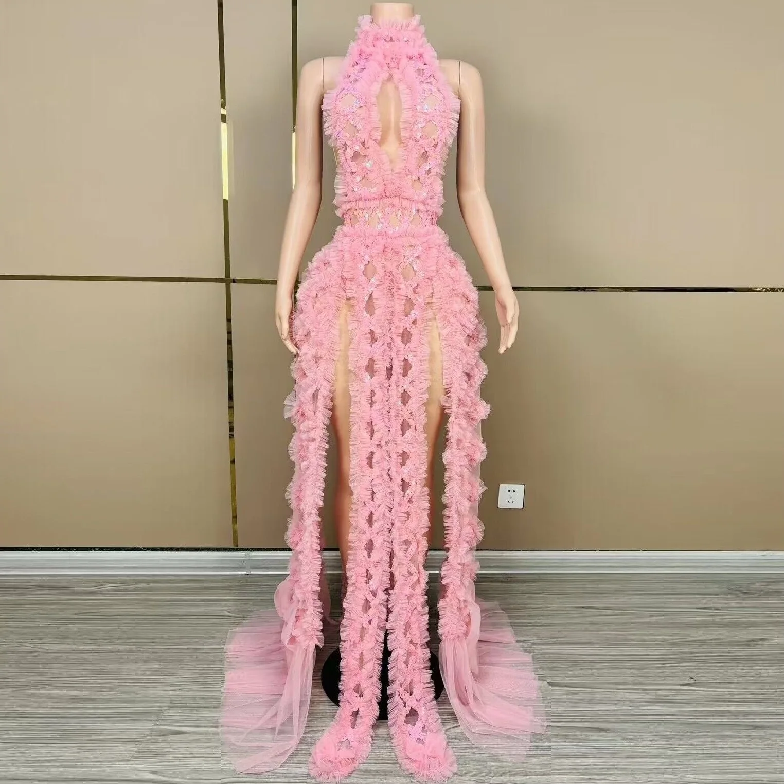 Pink-Mesh-Sequins-Sexy-Hollowed-Out-Halter-See-Through-Dress-Evening ...