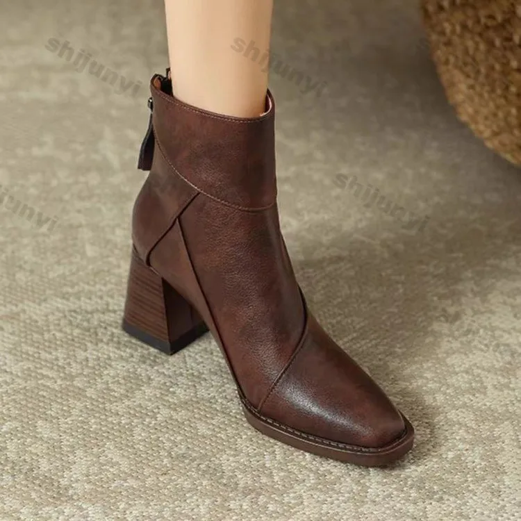 Woman-Chunky-Ankle-Boots-Women-Zipper-Retro-Brown-Soft-Leather-Short ...
