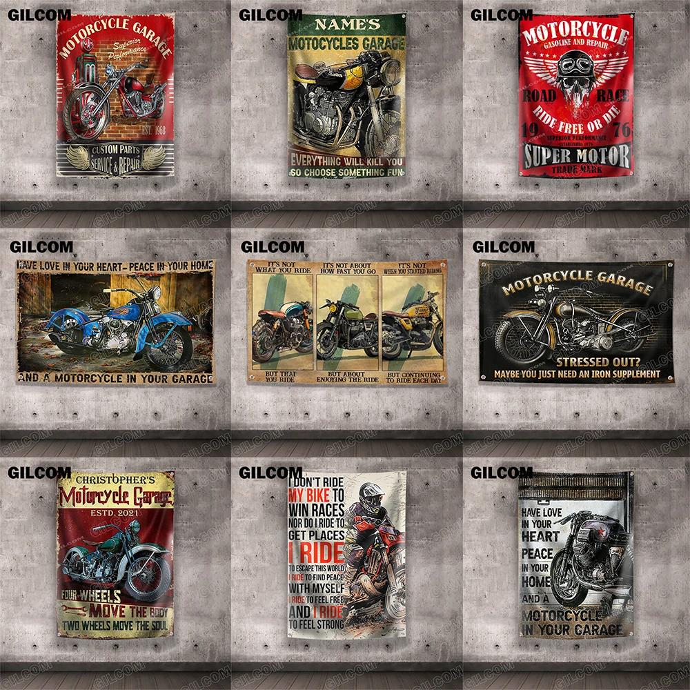 Vintage Motorcycle Flags Digital Printed Retro Banner Wall Hanging ...
