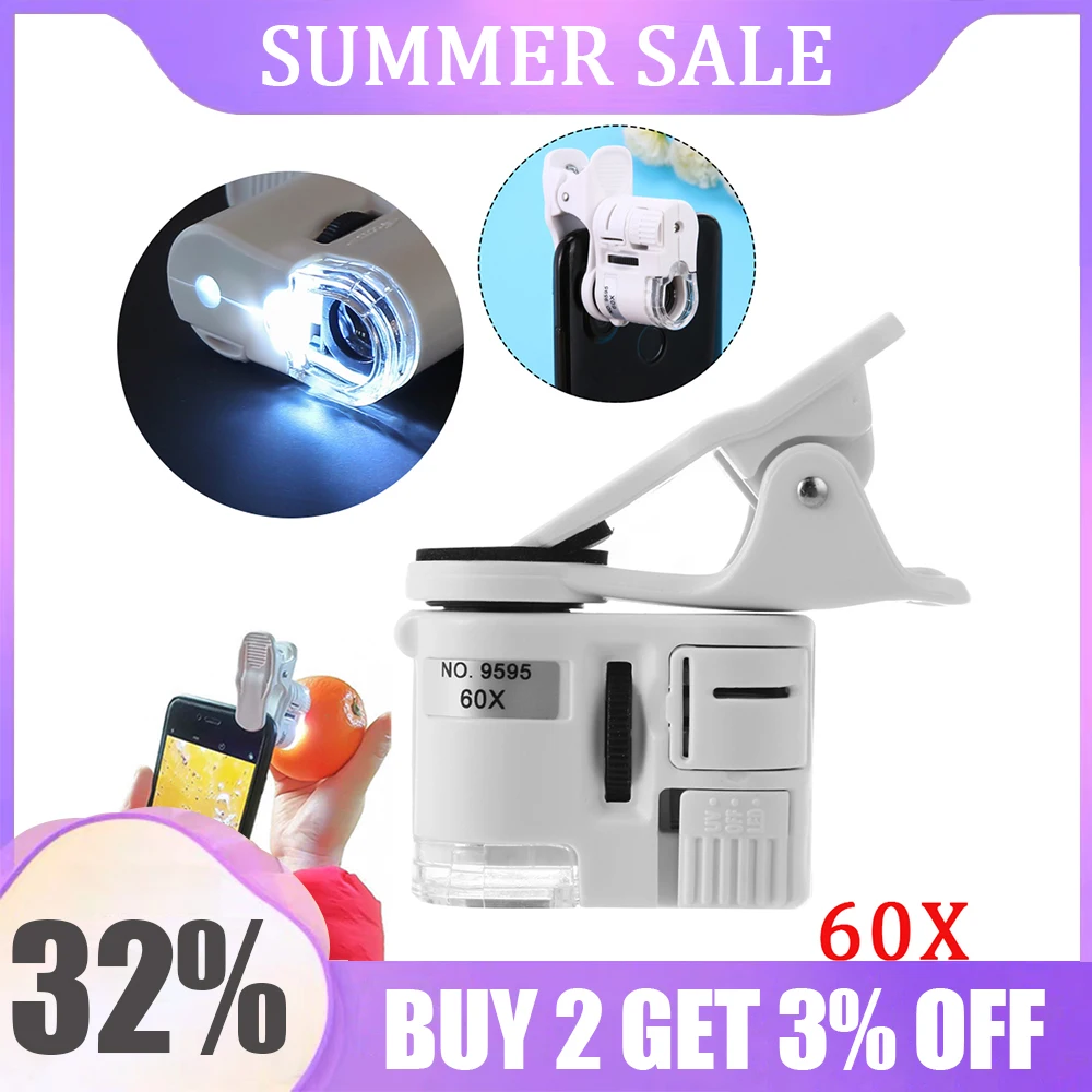 60X Mobile Phone Microscope Magnifier Universal LED Instrument Macro ...