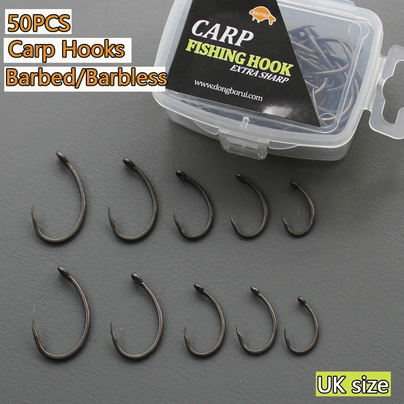 50PCS-PTFE-Coating-High-Carbon-Stainless-Steel-Barbed-Barbless-hooks-Carp-Fishing-Hooks-Pack ...