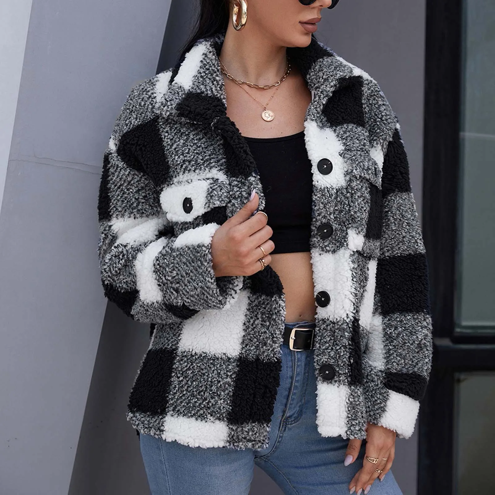 Women-Coat-Autumn-Winter-Plaid-Faux-Fur-Checkered-Thick-Warm-Jacket ...