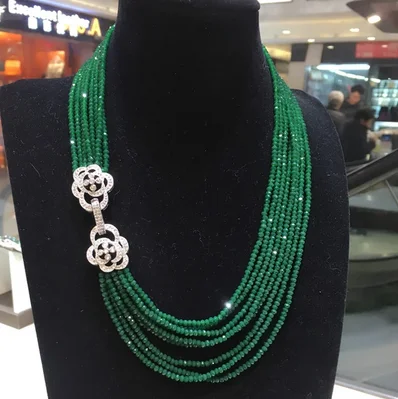 Collar de jade verde de doble fila, cadena larga multicapa para suéter ...