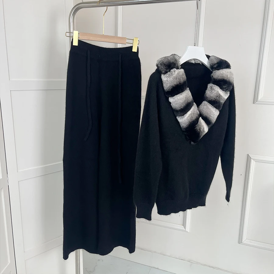 Real Fur Sweaters For Women Genuine Chinchilla Rex Rabbit Fur Collar ...