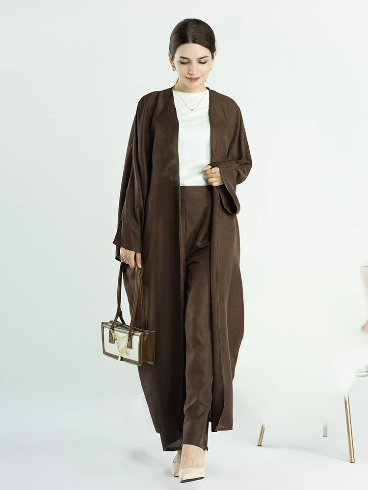 Linen Muslim Sets Dubai Turkey Abaya Kimono + Straight Leg Pants ...