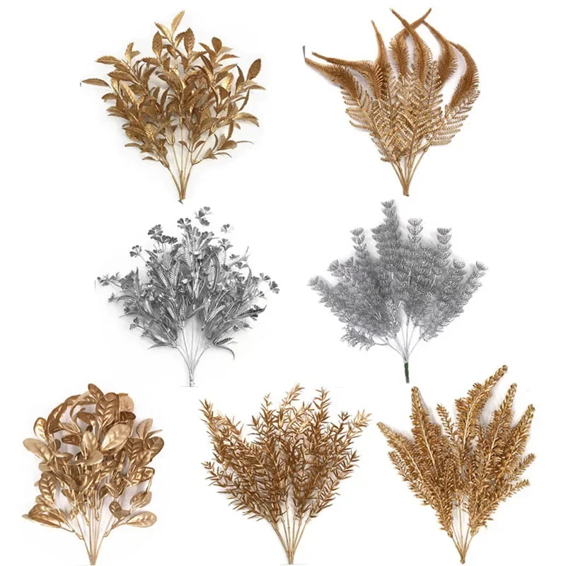 Christmas-Artificial-Flower-Golden-Silver-Fake-Flower-Leaves-Plastic ...