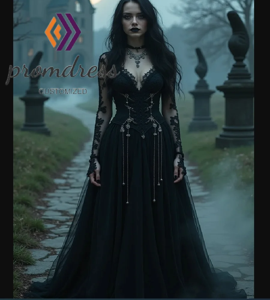 Mysterious Black Gothic Wedding Dress Vampire Steampunk Victorian Era ...