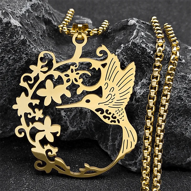 Fashion Bird Hummingbird Flower Necklace Stainless Steel Gold Color ...