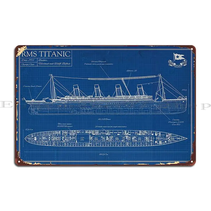 Rms Titanic Blueprint Metal Plaque Classic Party Kitchen Pub Designer ...