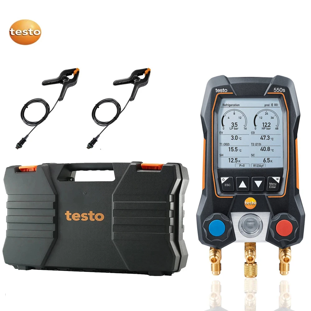 Testo 550s 블루투스 스마트 디지털 매니폴드, 양방향 밸브 블록, 고정 케이블 클램프, 온도 프로브 0564 5501