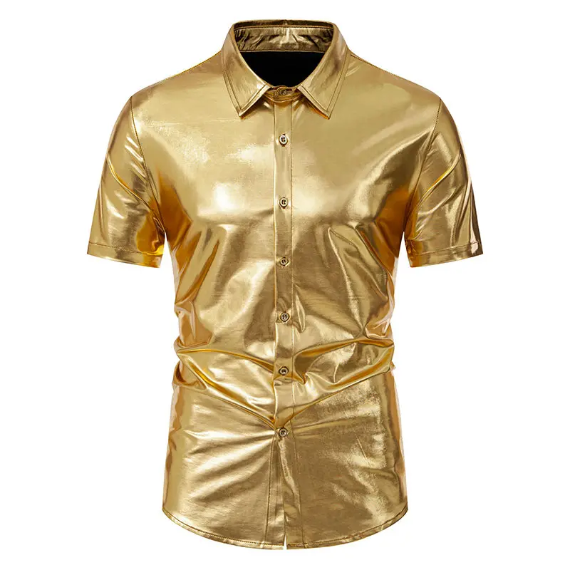 Camisa-de-manga-corta-para-hombre-camisa-brillante-met-lica-dorada-y ...