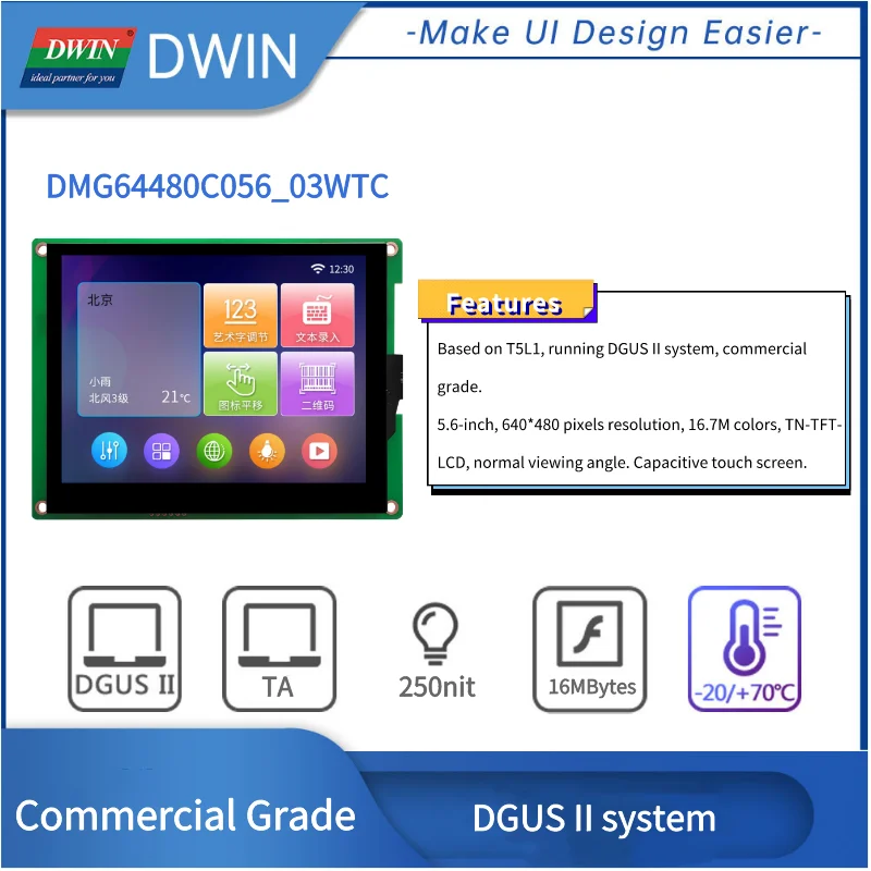 DWIN 5.6 "T5L1 DGUS II 16.7M 컬러 24 비트 640 * 480TN TFT 스마트 LCD, TTL/CMOS ...