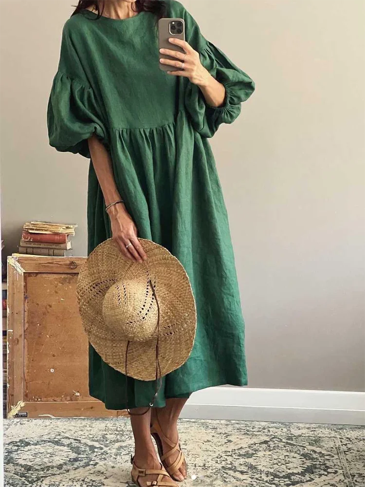 Msfancy Puff Sleeve Dress Women Cotton Short Sleeve Loose Robe Femme ...