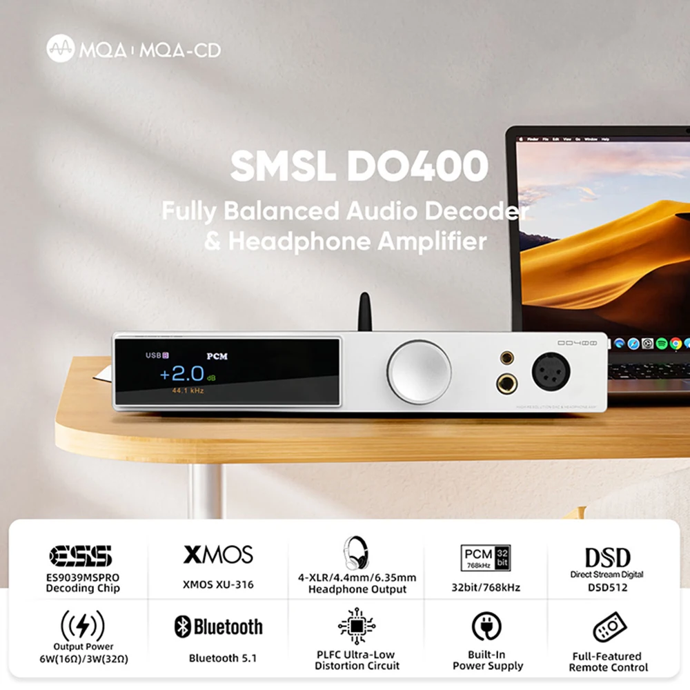 SMSL DO400 블루투스 오디오 USB DAC AMP 디코더, HIFI 모니터 헤드폰 이어폰 앰프, 리모컨 MQA CD DSD512 포함, 2 인 1
