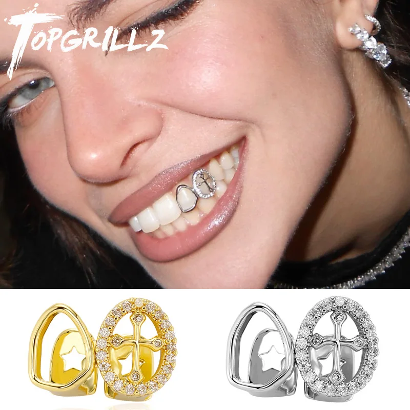 TOPGRILLZ Iced Out Zircon Double Hollow Cross Teeth Grillz Braces Hip ...