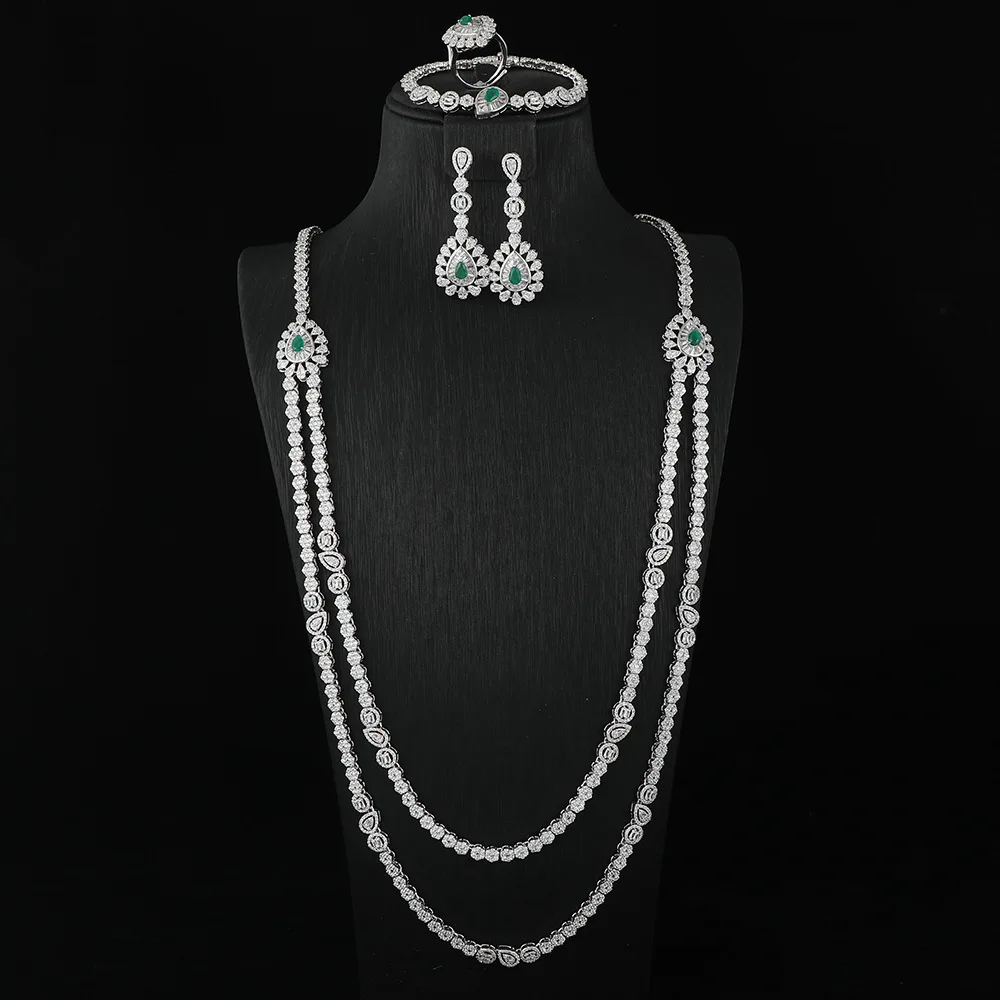 EYER-Luxury-4PCS-Bridal-Double-Chain-Long-Necklace-Jewelry-Sets-For ...