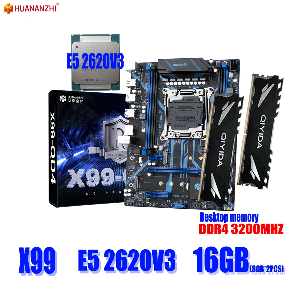 Huananzhi x99 qd4 conjunto de placa mãe xeon Lga2011 3 e5 2620v3 2*8gb ddr4 memória combo kit ...