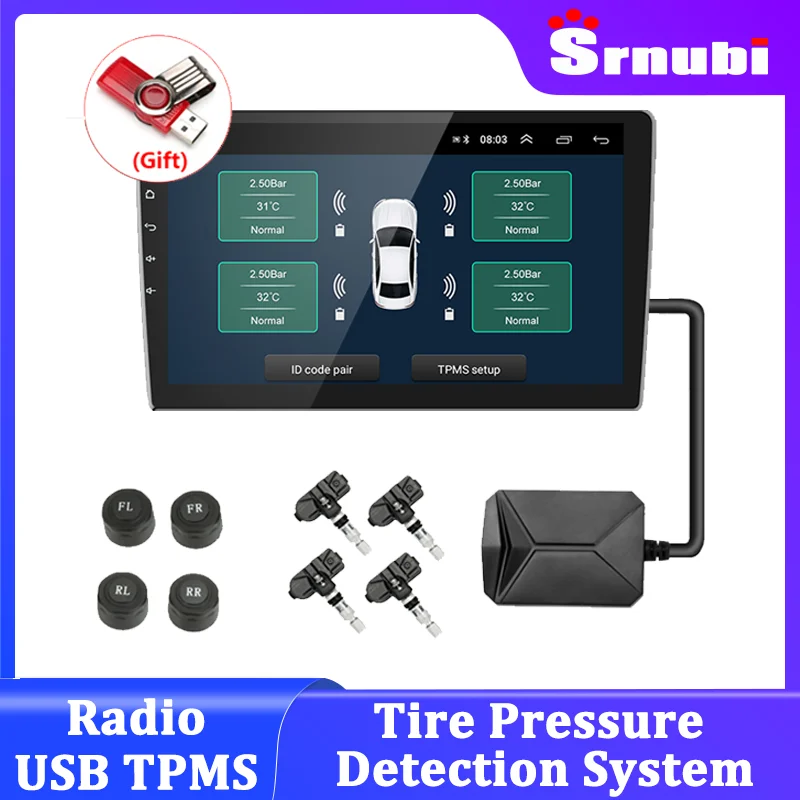 Usb Tpms Android Tire Pressure Monitoring System 4 Tire External / Inner Sensors Temperature ...