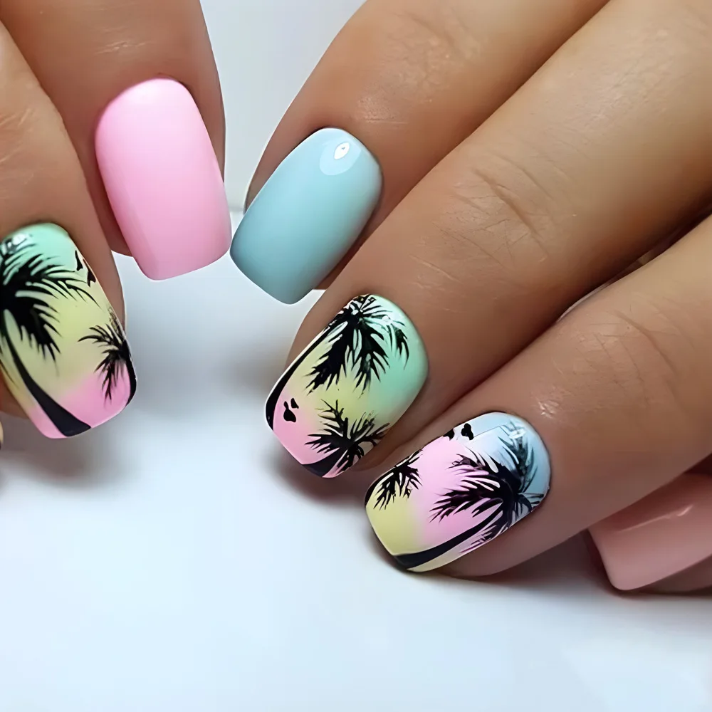 24pcs-Summer-Fake-Nails-With-Glue-Coconut-Tree-Beach-Designs-Press-on ...