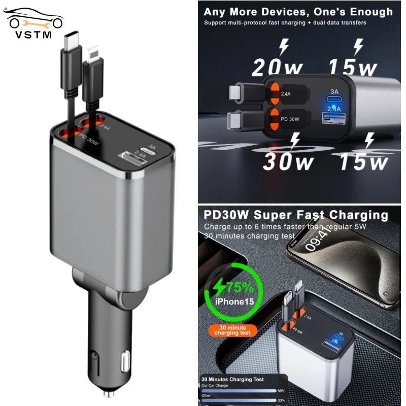 100W-4-IN-1-Retractable-Car-Charger-USB-Type-C-Cable-For-IPhone-Fast ...